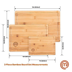 MasterChef Cutting Boards for Kitchen, Bamboo Chopping Board Set of 3, Organic Food Safe Surfaces for Preparing & Serving Meat, Cheese etc, Large, Medium & Small Wooden Boards with Juice Grooves