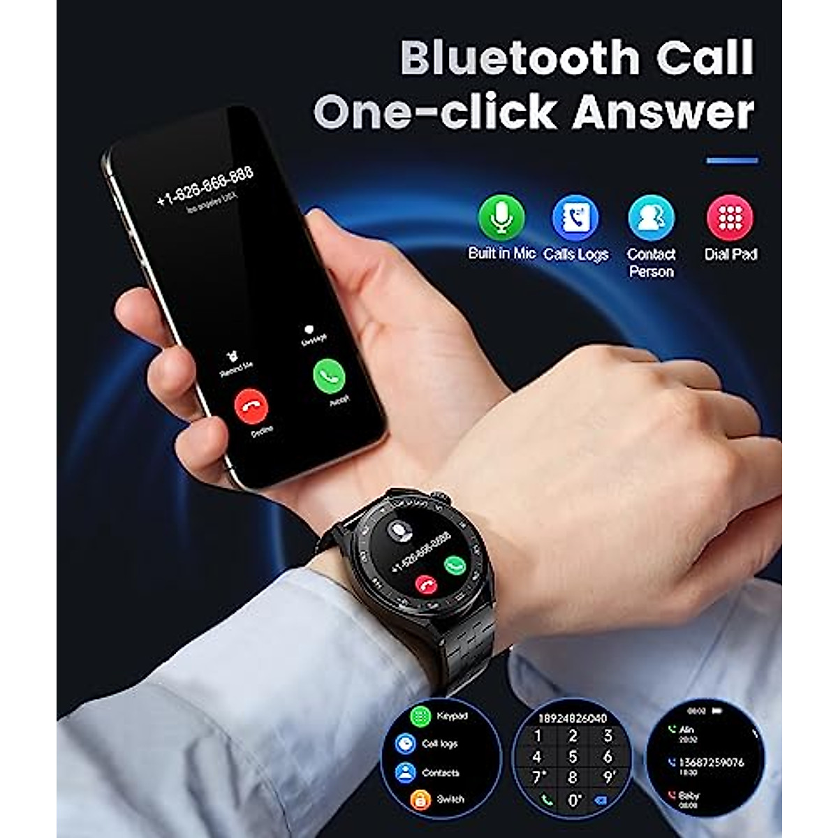 Smart Watches for Men Bluetooth Call (Answer/Make Call), 1.39'' IP68 Smartwatch for Android Phones and iPhone Compatible with Heart Rate/SpO2/Blood Pressure, Voice Assistant, Calculator, Pedometer