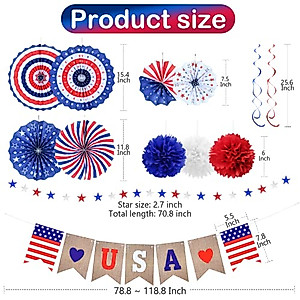4th of July Decorations Independence Day Patriotic Decor Set - Red White Blue Paper USA Banner Flag Fans Star Streamer Pom Poms for Memorial Veterans Labor Presidents Flag Day Home Parties Accessories