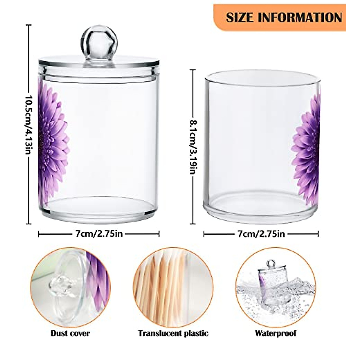 Sletend 2 Pack Plastic Qtips Holder Purple Chrysanthemum Bathroom Container Storage Holder Vanity Canister Jar for Cotton Swabs,Bath Salts,Makeup Sponges,Hair Accessories