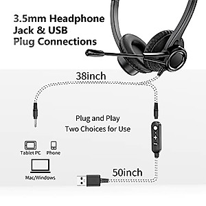 YBINYNA USB Headset with Microphone for PC, Noise Cancelling & Audio Controls Computer Headset 3.5mm Jack/USB Connection for Cell Phone/Call Center/Skype/Zoom/Webinar