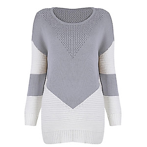 shermie Women's V Shap Colorblock Sweaters Long Sleeve Crew Neck Loose Casual Knitted Pullover Large Grey