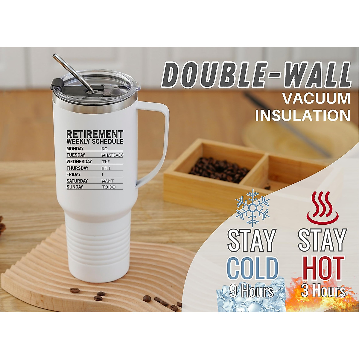 Onebttl Retirement Gifts for Men, Retirement Tumbler for Men 40oz Insulated Travel Cup with Handle, Retired Gifts for Dad, Grandpa, Friends, CoWorker (White, Schedule)