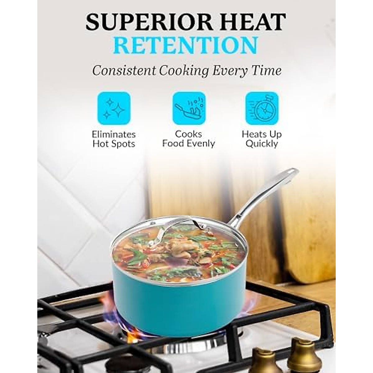 Gotham Steel Aqua Blue 3 Quart Saucepan with Lid, Ultra Nonstick Sauce Pan with Lid, Small Pot with Lid, Ceramic Nonstick Saucepan 3 Quart, Small Sauce Pot, 3 Qt Pot, Oven & Dishwasher Safe, PFOA Free