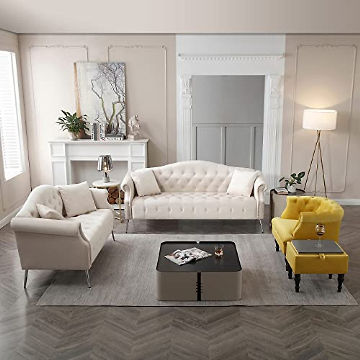 Homtique Sofa Set for Living Room 2 Piece, Modern Velvet Loveseat Sofa Set Upholstered Button Tufted Nailhead Trimming Rolled Arm and Metal Legs, Velvet Sofa Couch with 4 Pillows(Beige)