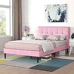 Full Size Fabric Upholstered Platform Bed Frame with Button Tufted Stitched Headboard, Mattress Foundation with Metal Wood Slat Support, No Box Spring Needed, Noise Free Design, Easy Assembly, Pink