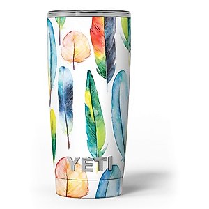 Design Skinz Bright Water Color Painted Feather - Skin Decal Vinyl Wrap Kit Compatible with The Yeti Rambler Cooler Tumbler Cups
