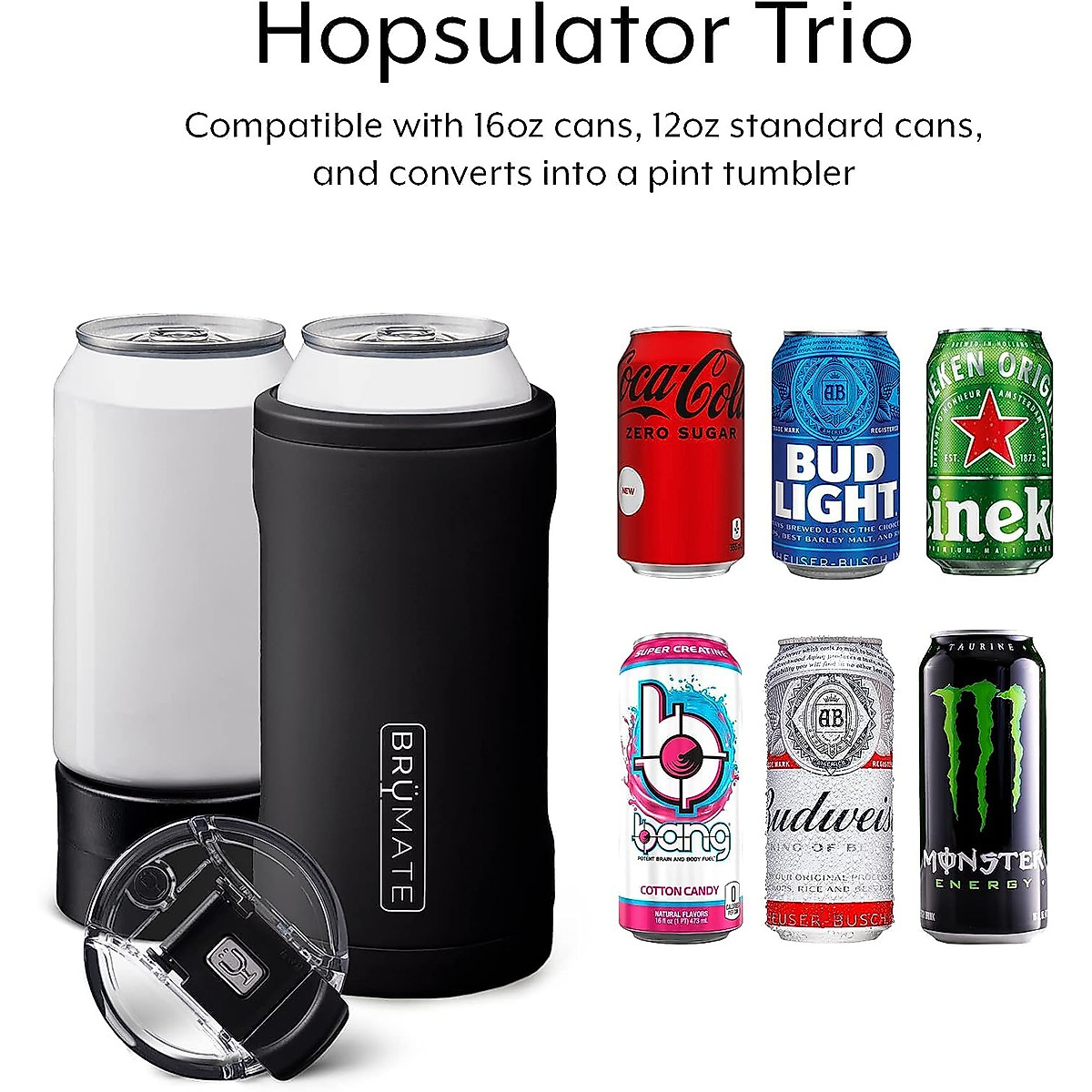 BrüMate Hopsulator Trio 3-in-1 Insulated Can Cooler for 12oz / 16oz Cans + 100% Leak Proof Tumbler with Lid | Insulated for Beer, Soda, and Energy Drinks (Matte Gray)