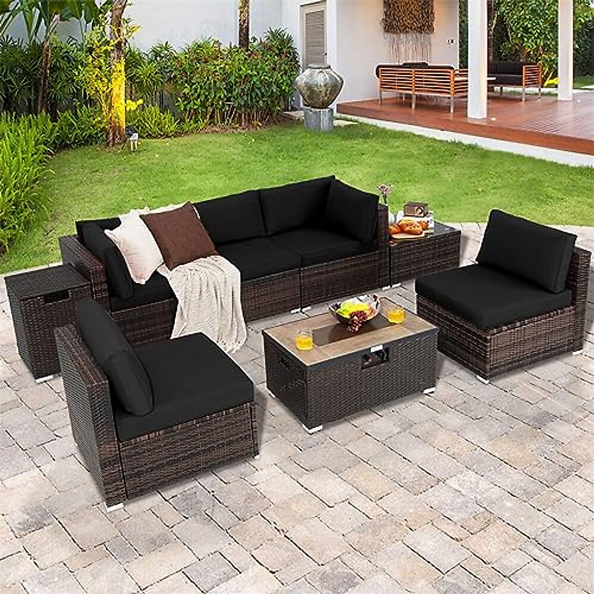 BaRdzo 8PCS Patio Rattan Furniture Set Fire Pit Table Tank Holder Cover Deck Black