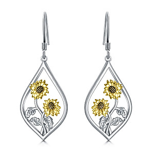 Sunflower Earrings Sterling Silver Flower Floral Dangle Dangling Drop Charm Earrings Boho Jewelry Christmas Gifts for Women