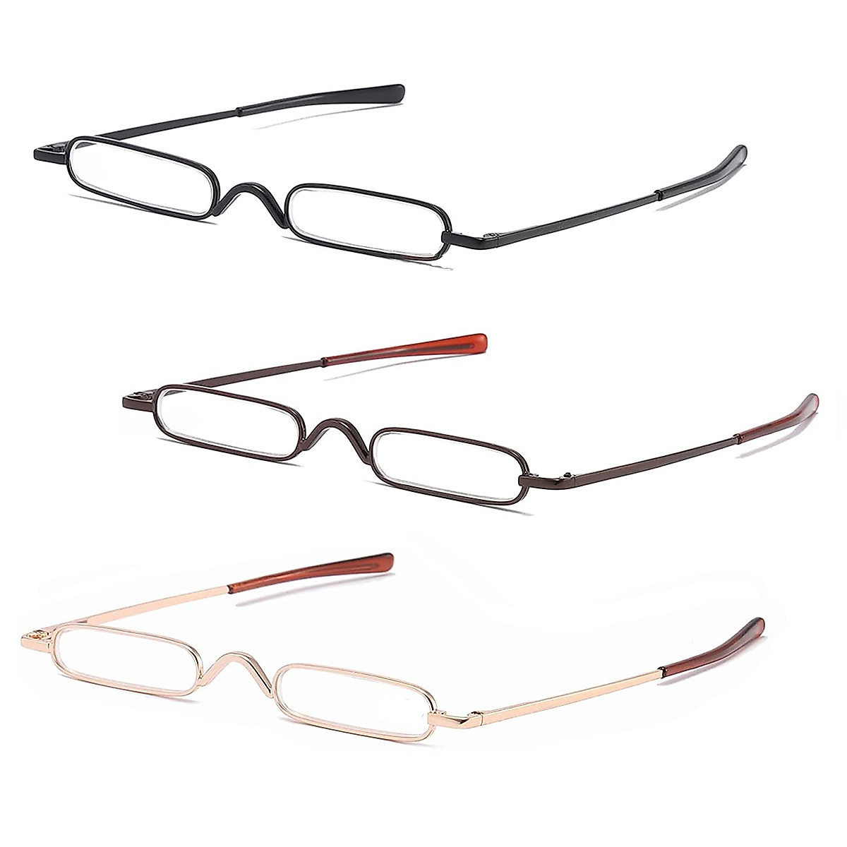 OWTXIS 3 Pack Mini Slim Pen Reading Glasses - Compact Readers with Pen Clip Case Spring Hinge Metal Frame Eyeglasses (Black, Brown, Gold, 1.75)