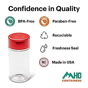 MHO Containers | 3.5oz Plastic Spice Jars with Lids and Foil Liners | Made in USA — Pack of 10 (Red)