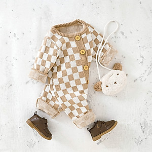 Infant Baby Girl Boy Knitted Sweater Romper Jumpsuit Checkerboard Plaid Print Long Sleeve Button Down Bodysuit Clothes (Camel, 3-6 Months)