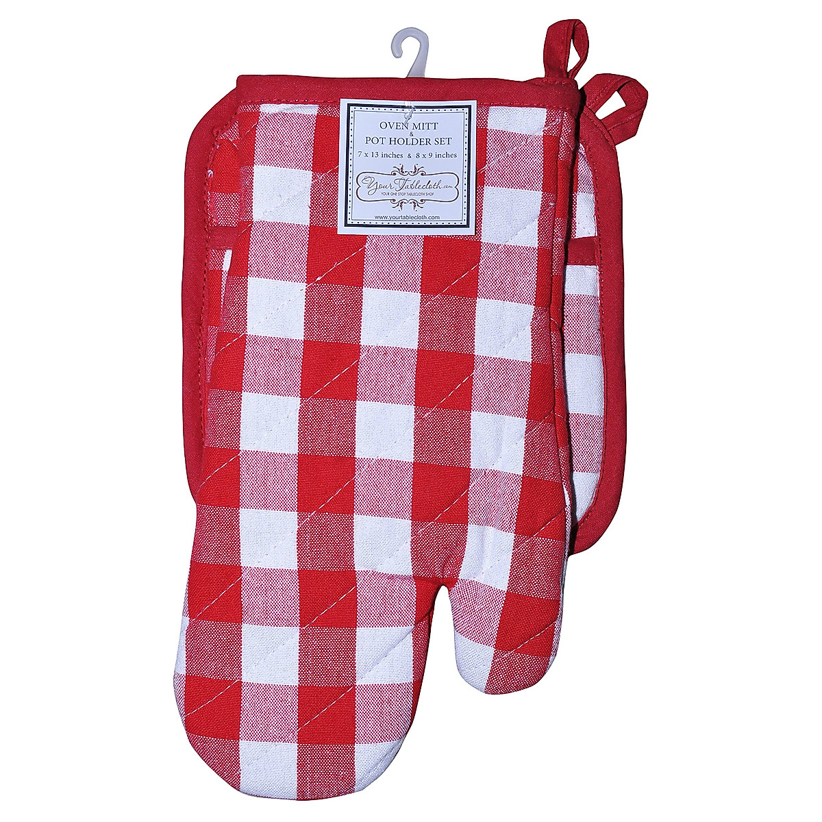 Yourtablecloth Set of Checkered Oven Mitt and Pot Holder or Oven Gloves-100% Cotton, Heat Resistance, Superior Protection & Comfort–Gingham Design-Machine Washable Red and White
