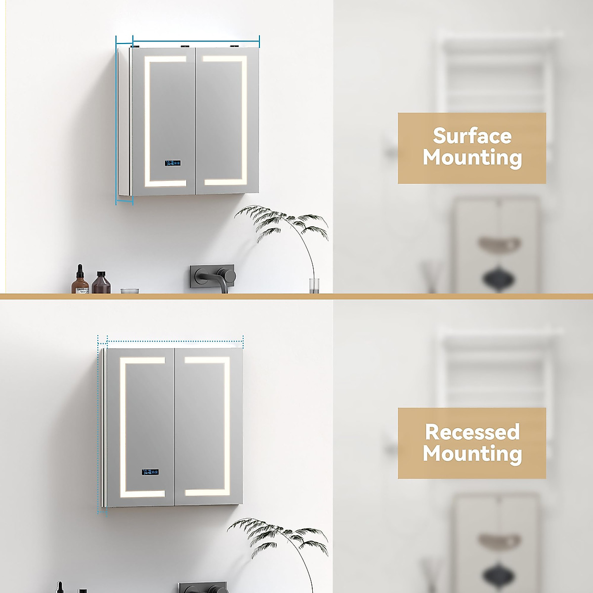 Bathlink Medicine Cabinet with Lights, Lighted Bathroom Medicine Cabinet with Mirror, 24"×26"×5", Built-in Outlet, Temperature&Time Display, Recessed&Surface Mount, Defog