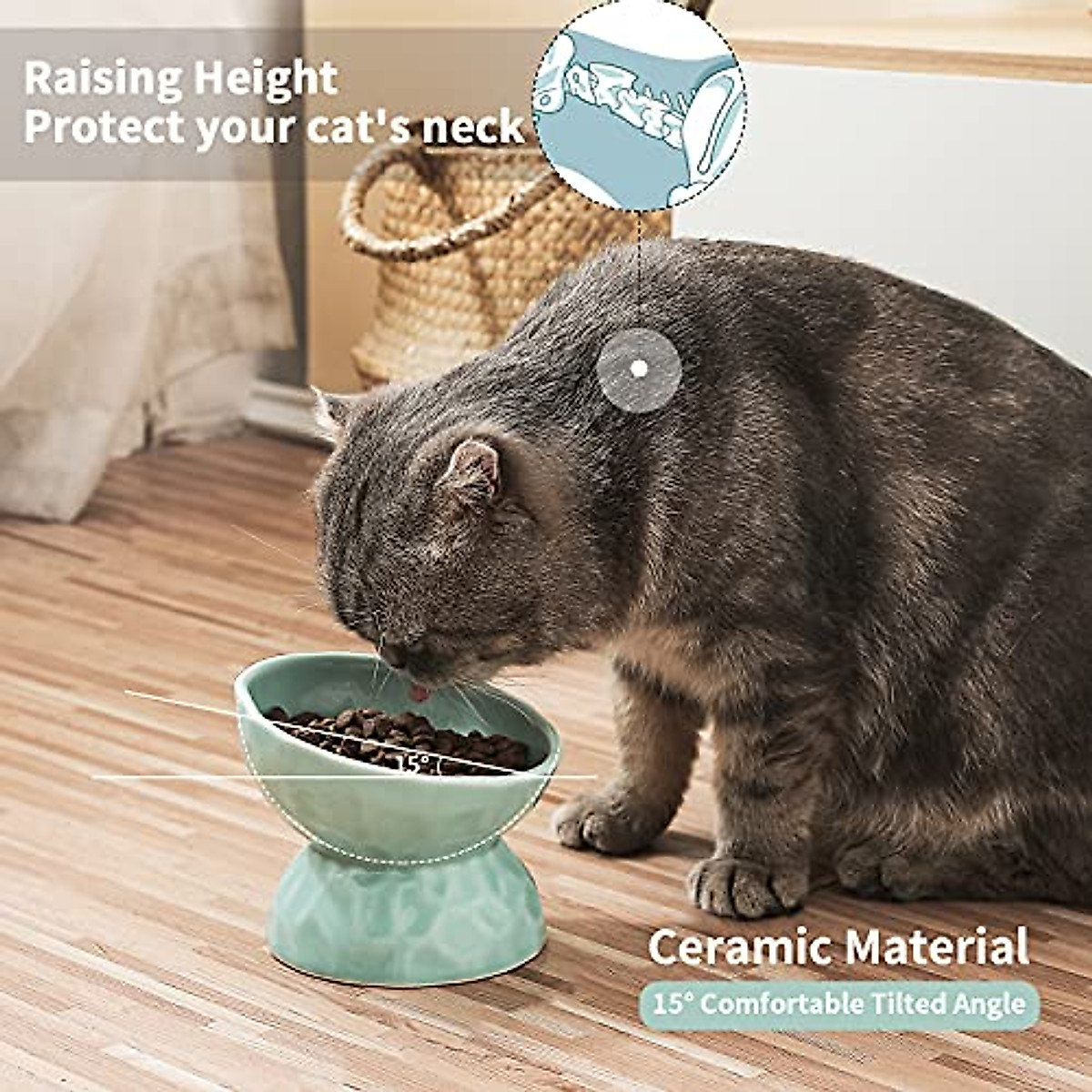 Ceramic Raised Cat Bowls, Tilted Elevated Cat Food and Water Bowls Set, Porcelain Stress Free Pet Feeder Bowl Dish for Cats and Small Dogs, Dishwasher and Microwave Safe, White & Green, Set of 2