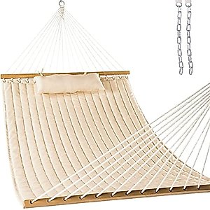 Lazy Daze Hammocks 12FT Quilted Fabric Double Hammock with Pillow, 2 Person Hammock with Spreader Bar for Outdoor Outside Patio Garden Yard Pool Beach (Linen)