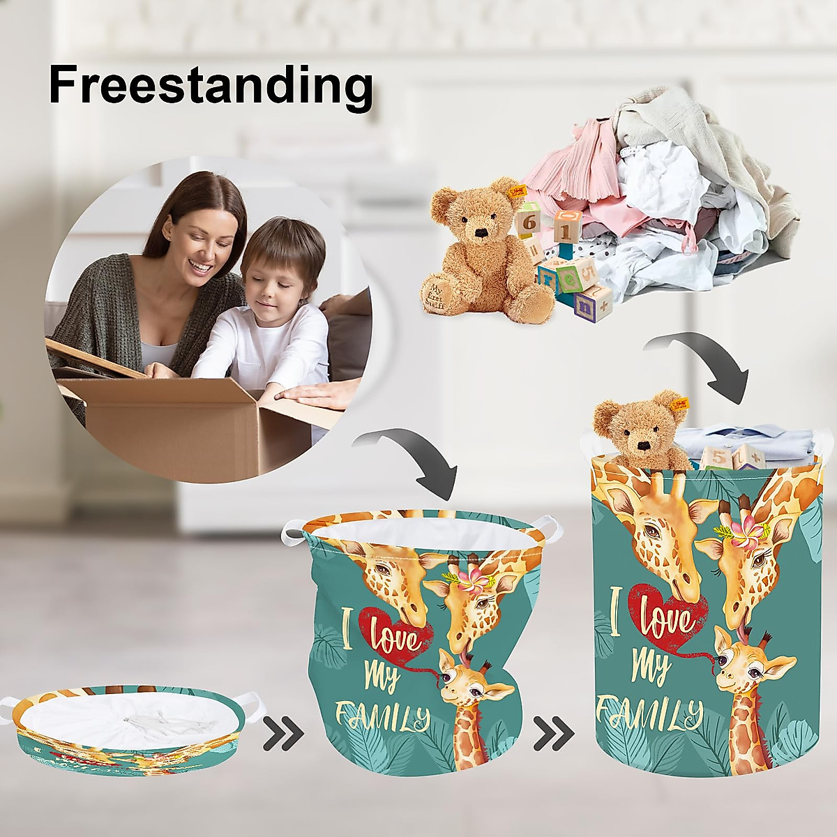 Clastyle 45L Large Green Giraffe Family Kid Laundry Hamper with Handle Collapsible Animal Love Clothes Toy Storage Basket with Lid for Nursery