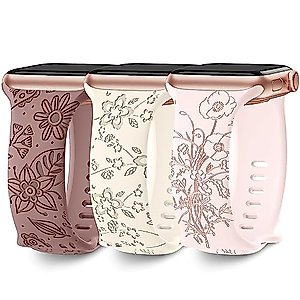 3 Pack Floral Engraved Bands Compatible with Apple Watch Band 40mm 41mm 38mm 42mm 44mm 45mm 49mm Women,Soft Silicone Cute Wildflowers Sport Laser Strap for iWatch Bands Series Ultra SE 8 6 5 4 3 2 1