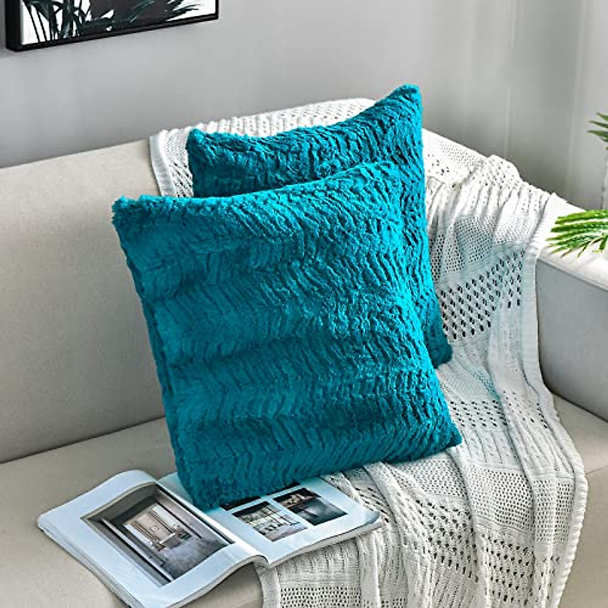 YUSOKI Luxury Faux Fur Throw Pillow Covers-18 x18,Set of 2-Decorative Fuzzy Fluffy Cozy Pillow Cases for Sofa Couch Bedroom Without Insert(Teal/Turquoise,18"x18")