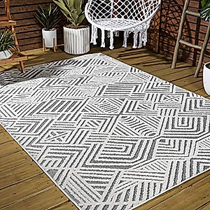JONATHAN Y SBH103A-8 Jordan High-Low Pile Art Deco Geometric Indoor Outdoor Area-Rug Bohemian Contemporary Easy-Cleaning Bedroom Kitchen Backyard Patio Porch Non Shedding, 8 ft x 10 ft, White/Black