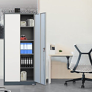 BESFUR Metal Storage Cabinet with Locking Doors and Adjustable Shelves, Steel Storage Cabinet for Office, Garage, Warehouse, Classroom, Pantry, 70.86" H x 31.5" W x 15.75" D (Light Grey & Dark Grey)