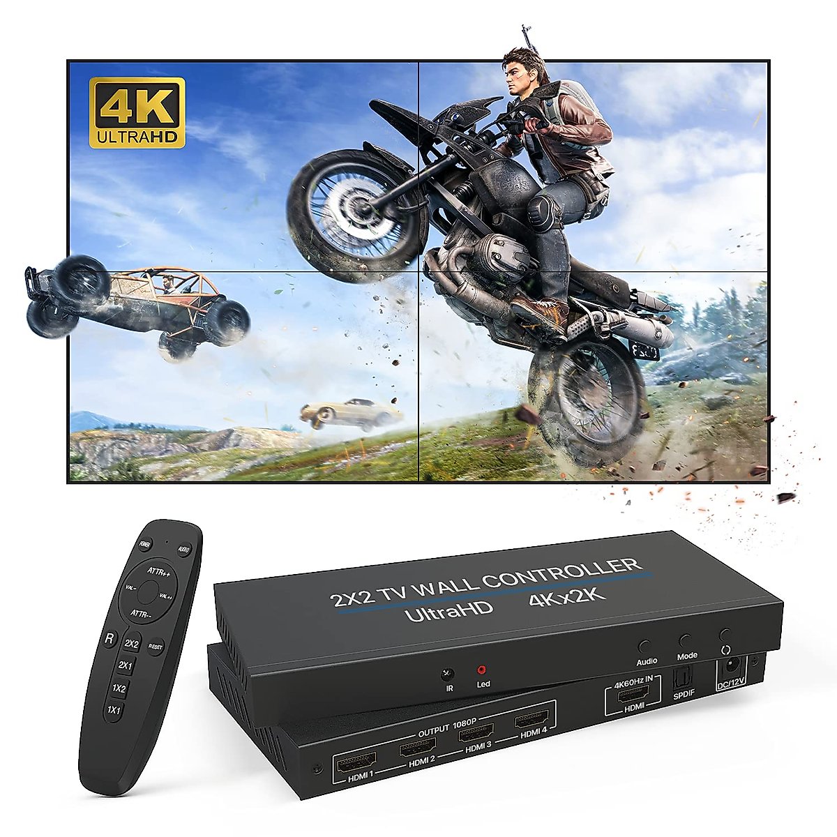 NIERBO 2x2 HDMI Video Wall Controller, 4K x 2K HD Display, 180 Degree Rotate, 8 Display Modes - 2x2, 1x2, 1x3, 1x4, 2x1, 3x1, 4x1, HDMI Input 4K & Output 1080P