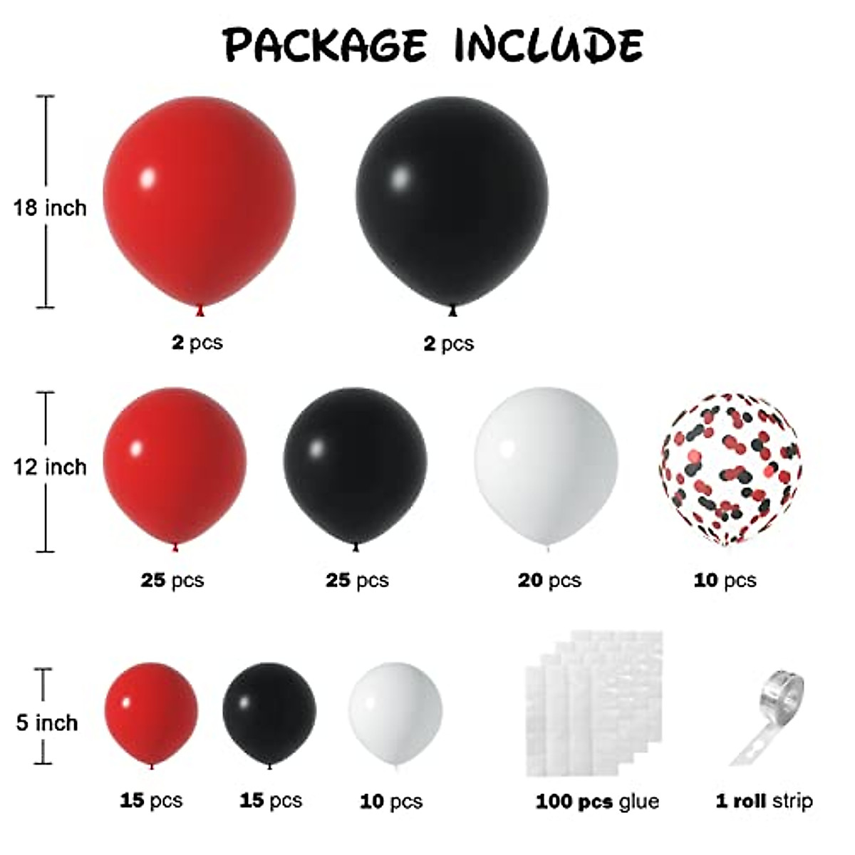 Janinus Red And Black Balloons Arch Kit 18inch 12inch 5inch Red Black And White Balloons Garland Black And Red Party Decorations For BBQ Baby Shower Halloween Graduation Casino Car Theme Party