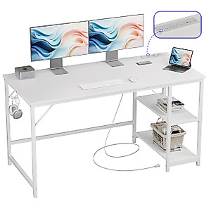 JOISCOPE 55 x 24 Inch Gaming Computer Desk with USB & Type-C Outlet, Home Office Desk with Storage Shelves for Bedroom, Home Office, Modern Simple Writing Table, Vintage Oak Finish