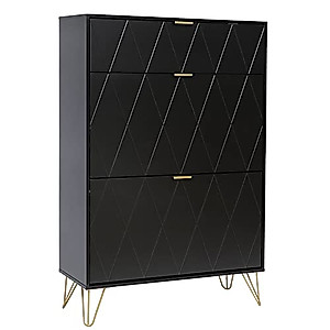 Scurrty 31.5'' 3-Tier Shoe Rack Entryway Cabinet Storage with Drawers, Adjustable Free Standing Shoe Shelf Organization for Closet Hallway with 4 Metal Legs Anti-Tipping Black…