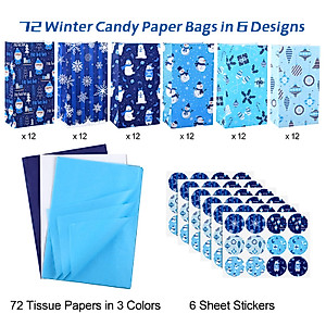 MIMIND 72 Pieces Christmas Winter Candy Paper Bags 6 Design Paper Gift Treat Bags with 72 Tissue Paper and 72 Stickers Paper Candy Gift Bags for Christmas Party Favor, 5.1 x 3.1 x 9.4 Inches