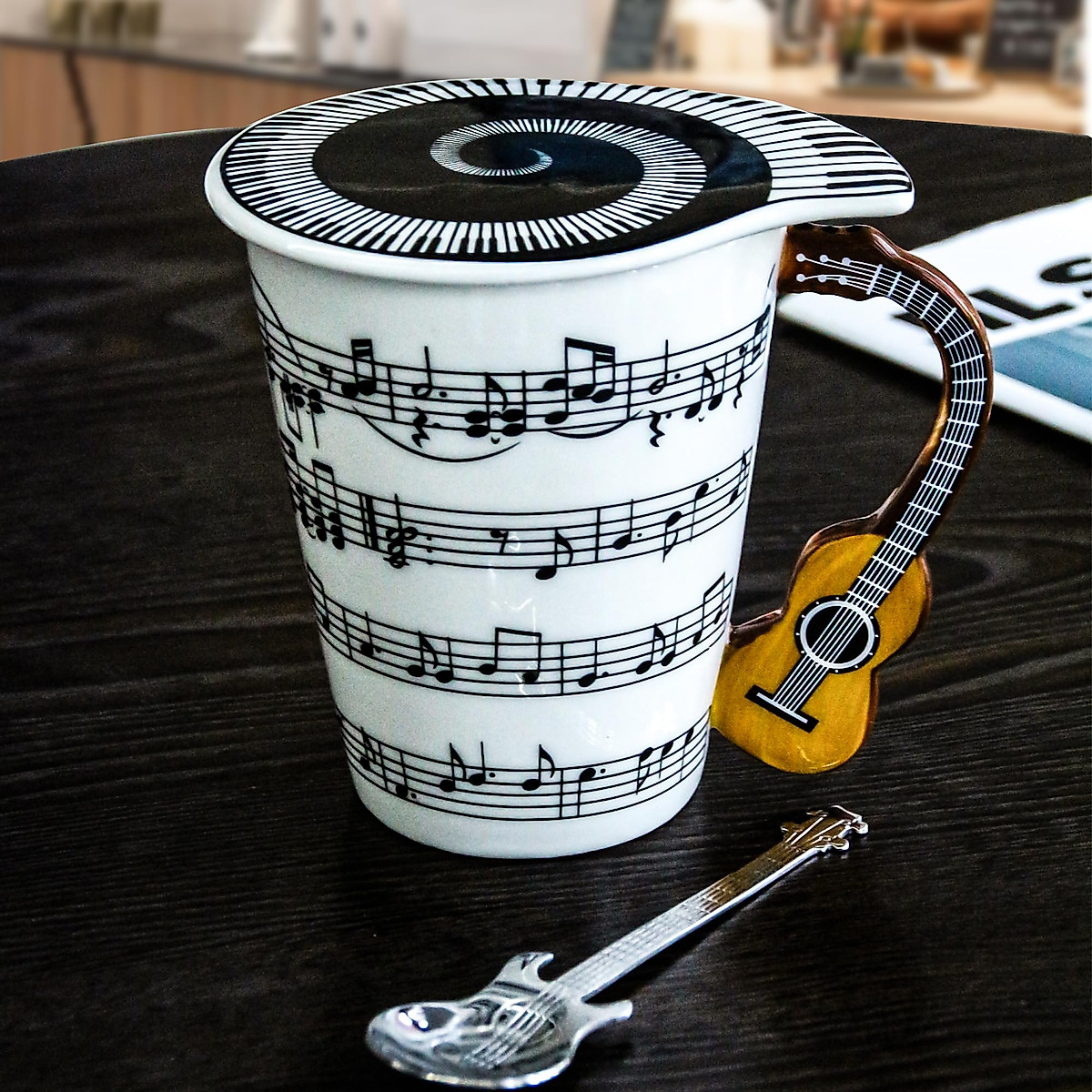 Guitar Novelty Mug Unique Musical Gift Coffee Cup with Cool Music Themed Lid & Guitar Handle Design & Guitar Spoon, Great Gifts for Music Teacher, & Guitar Lovers for Holidays, Fathers Day, Men, Women