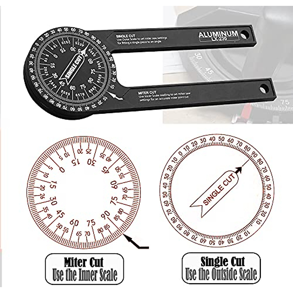CRBKD Miter Saw Protractor, 7.28 Inch Aluminum Protractor Angle Finder with Laser-Engraved Scales 360 Degree Rotation Function, for Woodworking, Plumbers All Building Trades (Black), 18.5*6.5*1.1cm