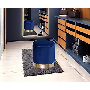 DEERUN Round Velvet Storage Ottoman Foot Rest Stool/Upholstered Footstool with Gold Plating Base,Pack of 2 (Blue)