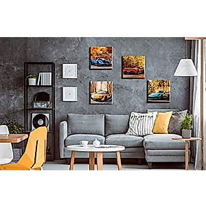 DJSYLIFE Car Posters Boys Room Decor Wall Art Giclee Canvas Prints Autumn Landscape Red Sport Car Pictures Modern Artwork for Bedroom Home Decorations Painting 12x12 inchesx4 Framed Ready to Hang