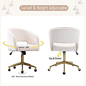 ABET Desk Chair with Wheels, Velvet Home Office Chair, Swivel Armchair with Gold Base, Upholstered Modern Accent Chairs, Back Incline Adjustable for Vanity Living Room Bedroom, Off-White Cream