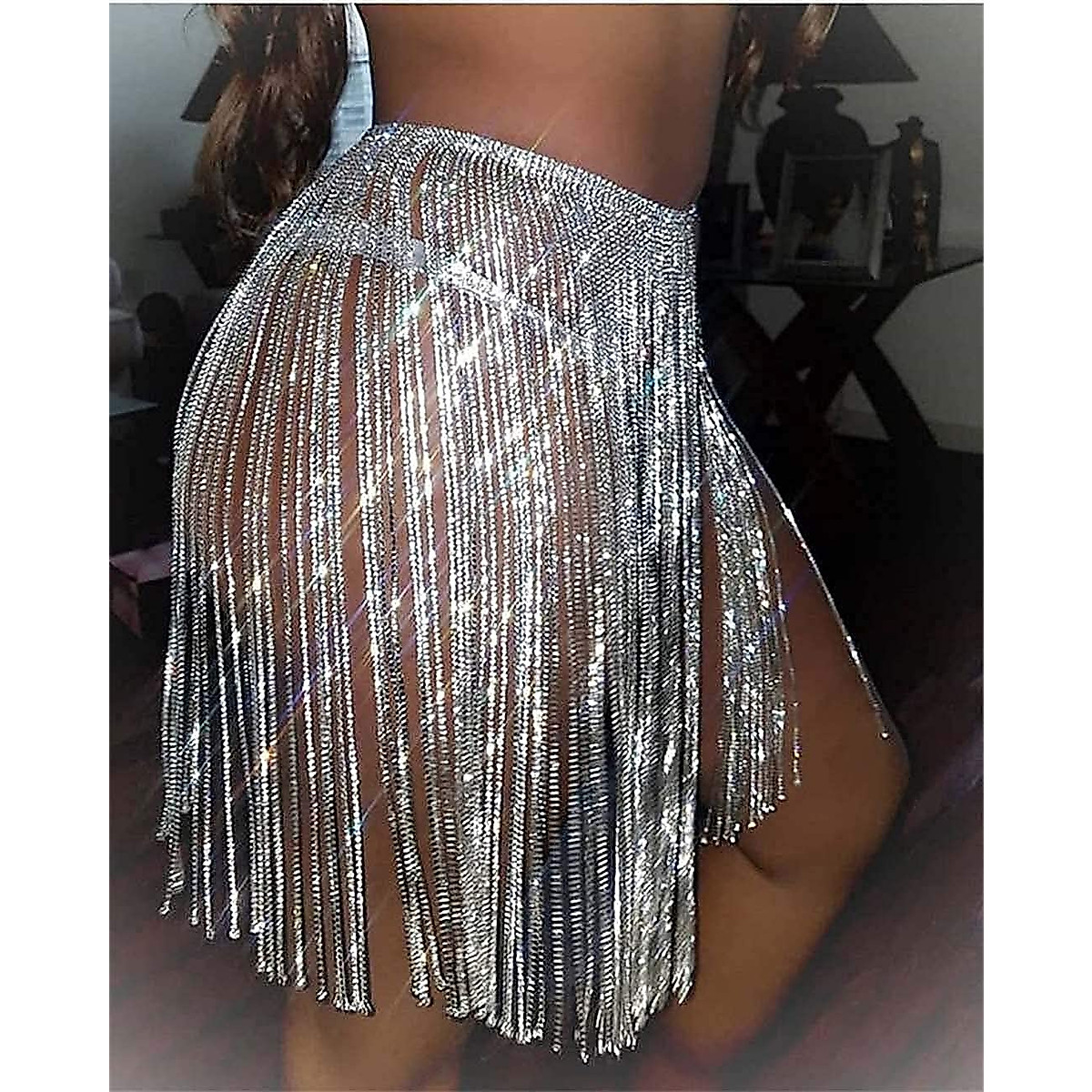 Fairyu Rhinestone Tassel Belly Waist Chains Sexy Beach Rave Body Chains Skirt Accessories for Women and Girls (Silver)
