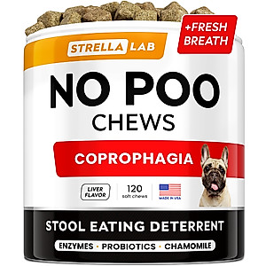 STRELLALAB No Poo Chews for Dogs - Coprophagia Stool Eating Deterrent - No Poop Eating for Dogs - Digestive Enzymes - Gut Health & Immune Support - Stop Eating Poop - Chicken Liver Flavor 120Chews
