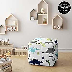 Sweet Jojo Designs Blue Green Modern Dinosaur Boy Ottoman Pouf Cover Unstuffed Poof Floor Footstool Square Cube Pouffe Storage Baby Nursery Kids Room Turquoise Navy Mod Dino Boho Bohemian Grey White