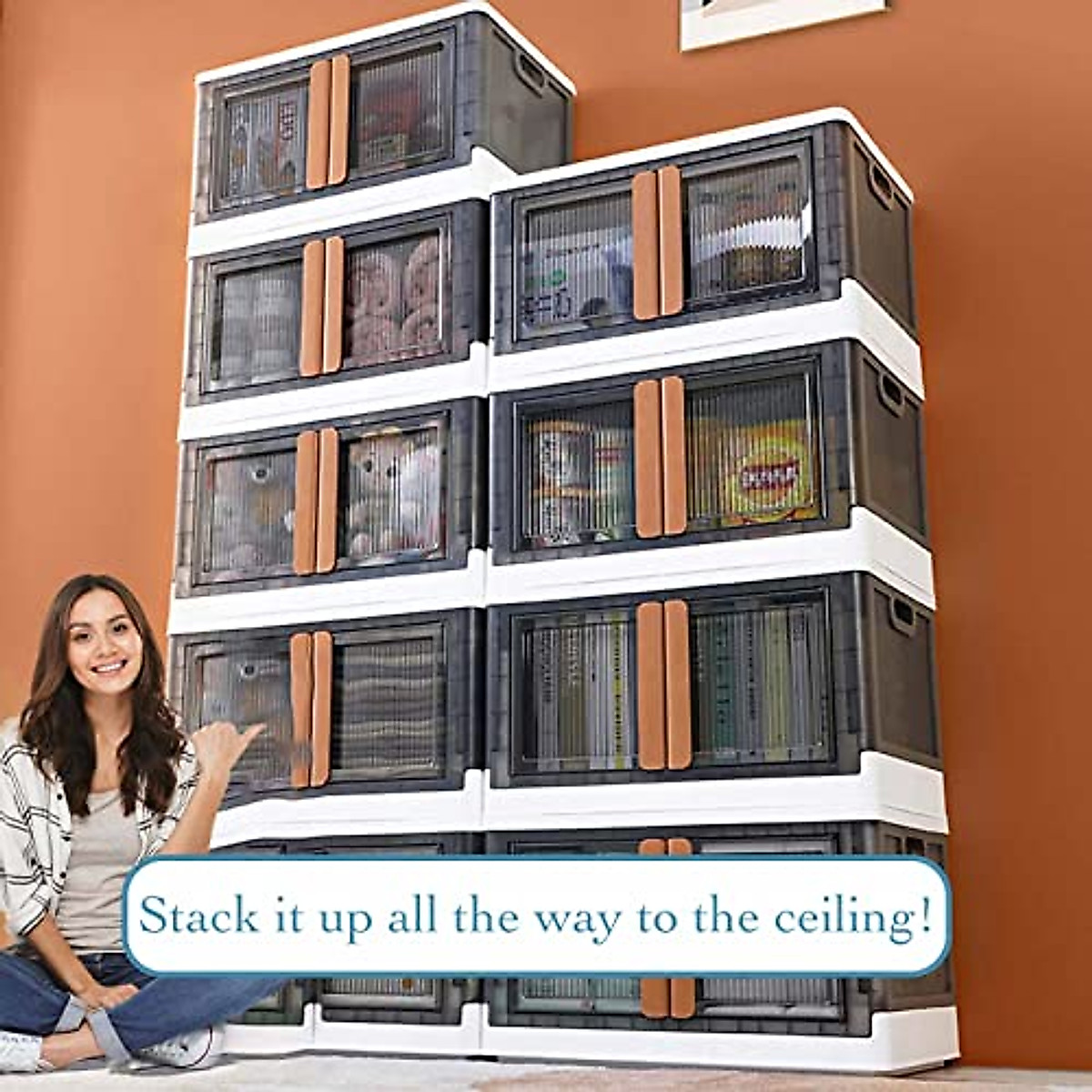 Storage Bins With Lids - JUST AMAZING DEALS Stackable Storage Bins with Front Opening Doors and Top Lids for DUAL ACCESS, Collapsible, Portable, Closet Office Bedroom Craft Toy Storage (8.5 gallon / 32 litre)