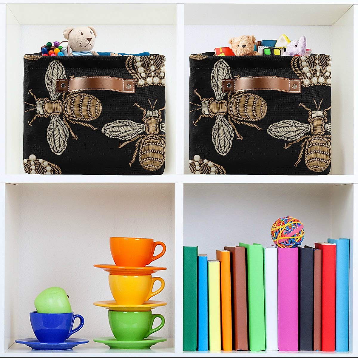 AGONA Large Foldable Storage Bin Gold Embroidery Bee Crown Black Storage Bins Collapsible Decorative Fabric Storage Baskets with Leather Handles for Home Closet Bedroom Organizer Nursery 1 Pack