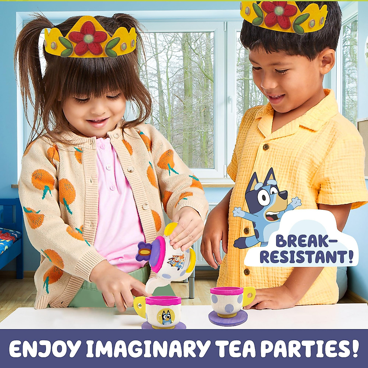 Bluey Paint & Play Tea Party, 6-Piece Wooden Tea Set, Customize with Paint & Bluey Stickers, 2 Wearable Crowns, Fun Toys for Kids, Cute Birthday Party Decorations, Pretend Play Tea Party, Bluey Toys