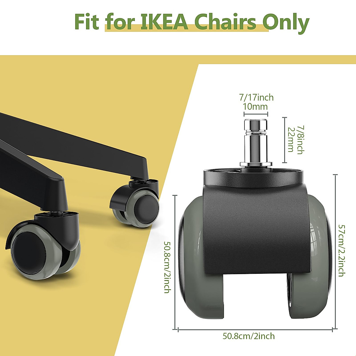 Office Chair Wheels Replacement for IKEA Chairs, 10mm Stem (Set of 5), PChero 2" Heavy Duty Swivel Polyurethane Casters for IKEA Chair Furniture Accessories, Protection for Hardwood Floors Carpet