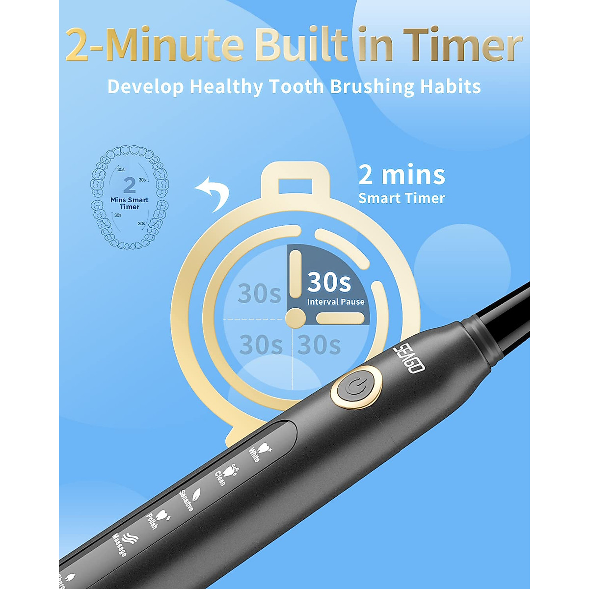 SEAGO Electric Toothbrush for Adults, Ultrasonic Toothbrushes with 8 Brush Heads, Rechargeable Electronic Toothbrush, Black, SG-507