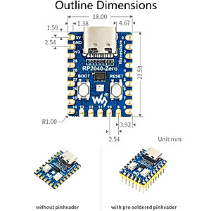 waveshare RP2040-Zero Mini Board with Pre-Soldered Header,Pico-Like MCU Board Based on Raspberry Pi MCU RP2040 Dual-Core Arm Cortex M0+ Processor Support C/C++, MicroPython
