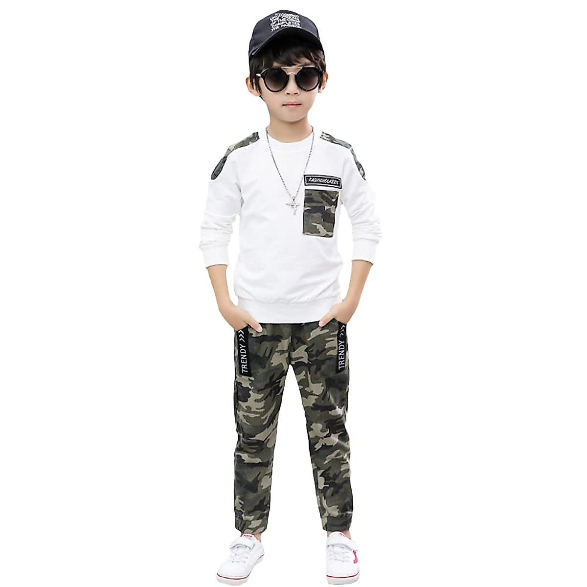 lontakids Boys Camouflage Outfit Teen Long Sleeve T-Shirt + Trousers Clothes Set (4/5, White)