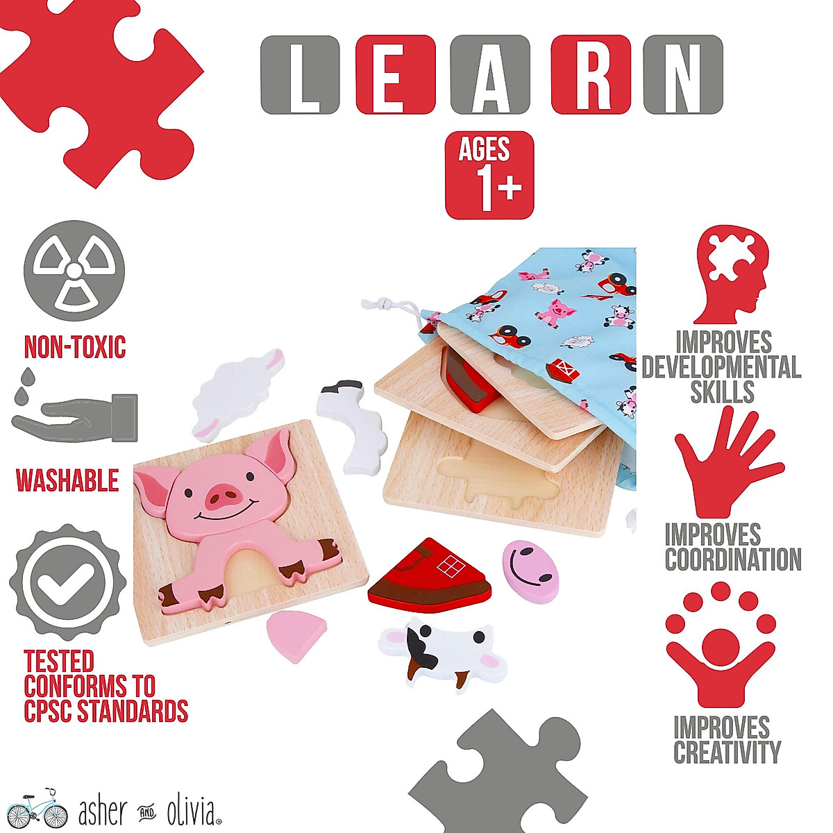 Wooden Puzzles for Toddlers 1-3 – Educational Jigsaw PuzzlesToys for Preschool Kids Ages 1 2 3 Year Old Boys or Girls Gift with Matching Canvas Bag - Farm Wooden Animals Set Developmental Games