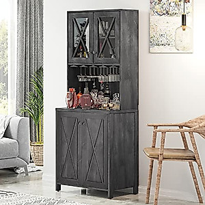 YITAHOME Farmhouse Bar Cabinet for Liquor and Glasses, Dining Room Kitchen Cabinet with Wine Rack, Upper Glass Cabinet, Open Storage Shelves for Living Room, Hallway, Charcoal Grey