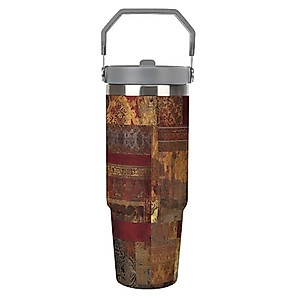 YTLKGFP 30 Oz Large Capacity Car Cup Patchwork Pattern Tumbler with Handle Straw Lid Insulated Stainless Steel Water Bottle Travel Mug Leak-proof Car Cup Keeps Cold Or Hot