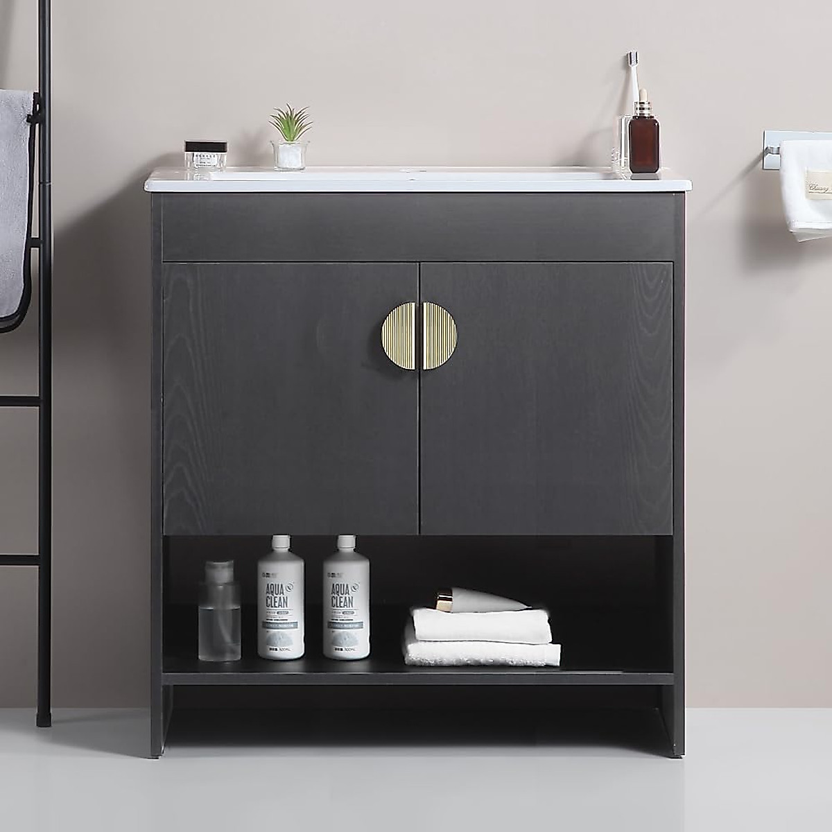 NOTOP 30" Bathroom Vanity with White Ceramic Sink Comb, Modern Freestanding Solid Wood Cabinet Set,Included Two Soft Close Doors with Black Zinc Alloy Handles & A Lower Open Shelf, 30IN